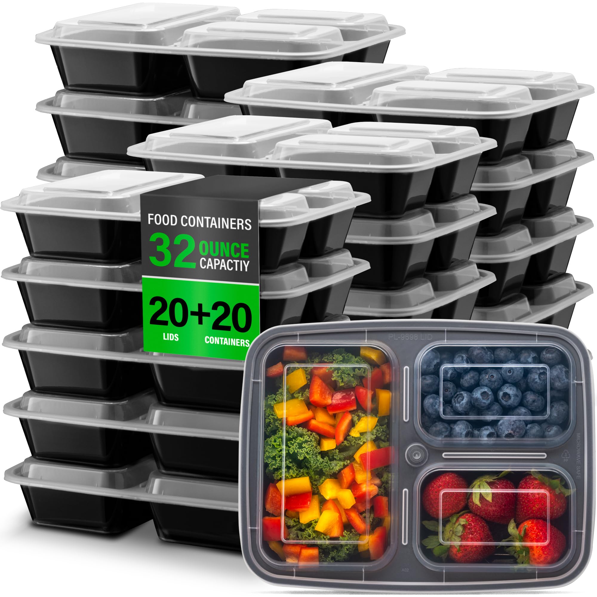 Ez Prepa [20 Pack] 32oz 3 Compartment Meal Prep Containers with Lids ...